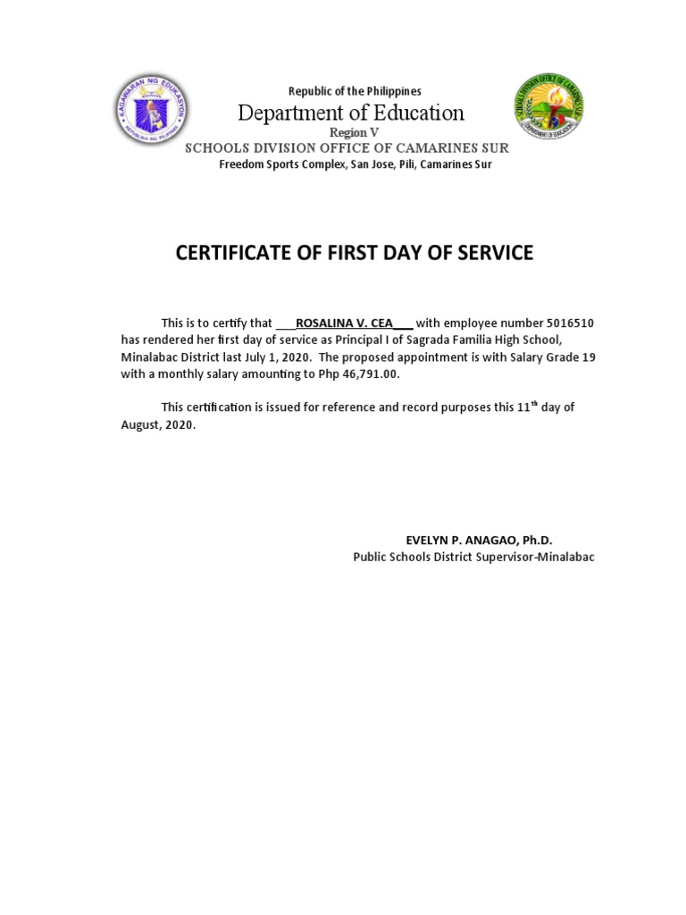 Cert First Day of Service | PDF