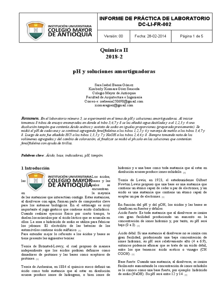 Informe - Sistemas - Amortiguadores Final | Descargar gratis PDF | Ácido | Ph