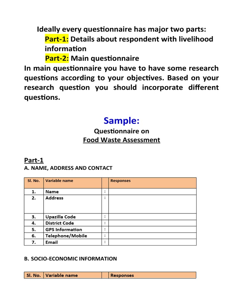 Sample:: Questionnaire On Food Waste Assessment Part-1 | PDF | Legume ...