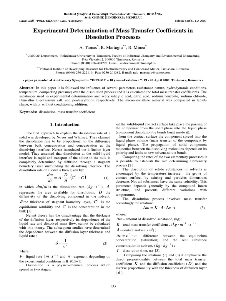 Mass Transfer Coefficients in Dissolution | PDF | Solvation | Solubility