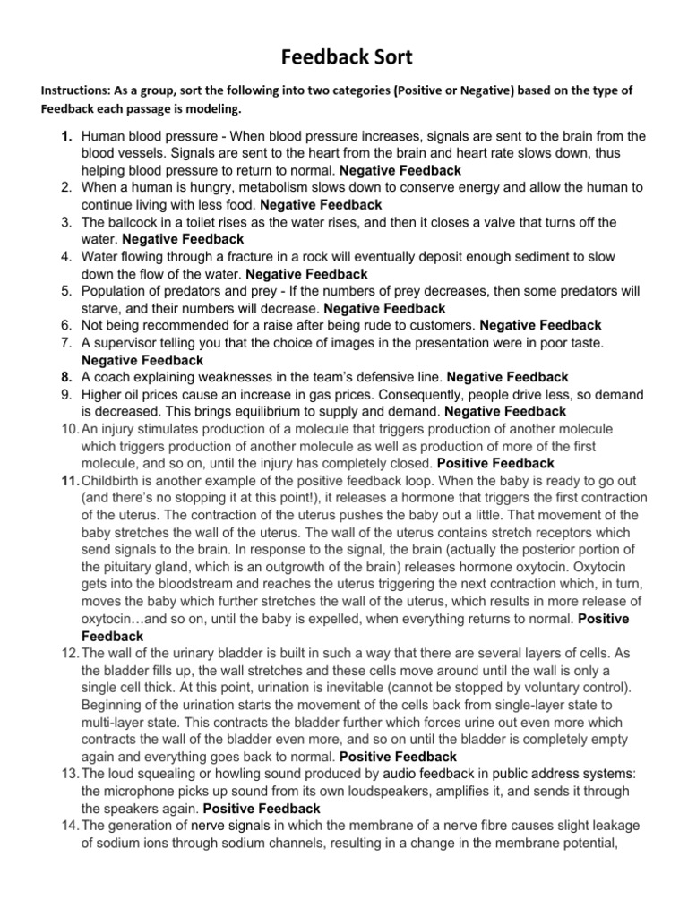 Negative and Positive Feedback Sort | PDF | Negative Feedback | Feedback