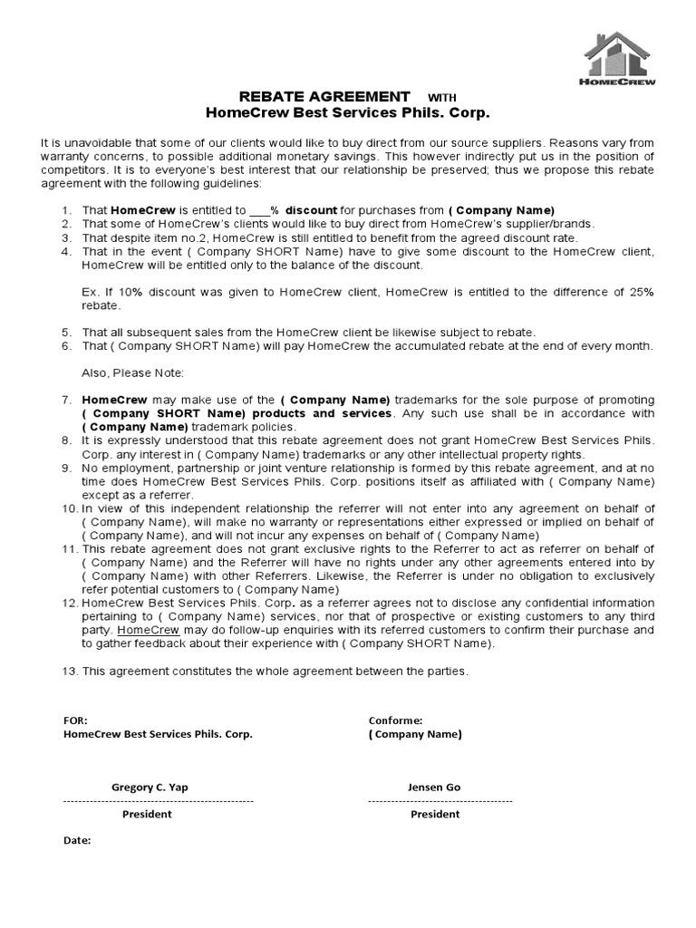 Rebate Agreement Homecrew Best Services Phils. Corp | PDF | Rebate ...