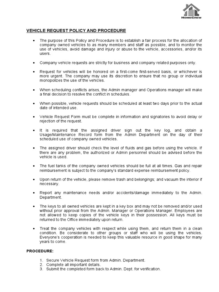 Vehicle Request Policy & Procedure | PDF | Vehicles | Government