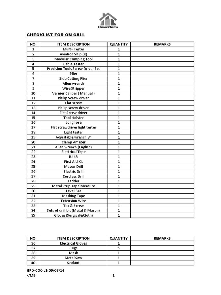 On-Call Tools Checklist for Technicians | PDF | Industrial Processes ...