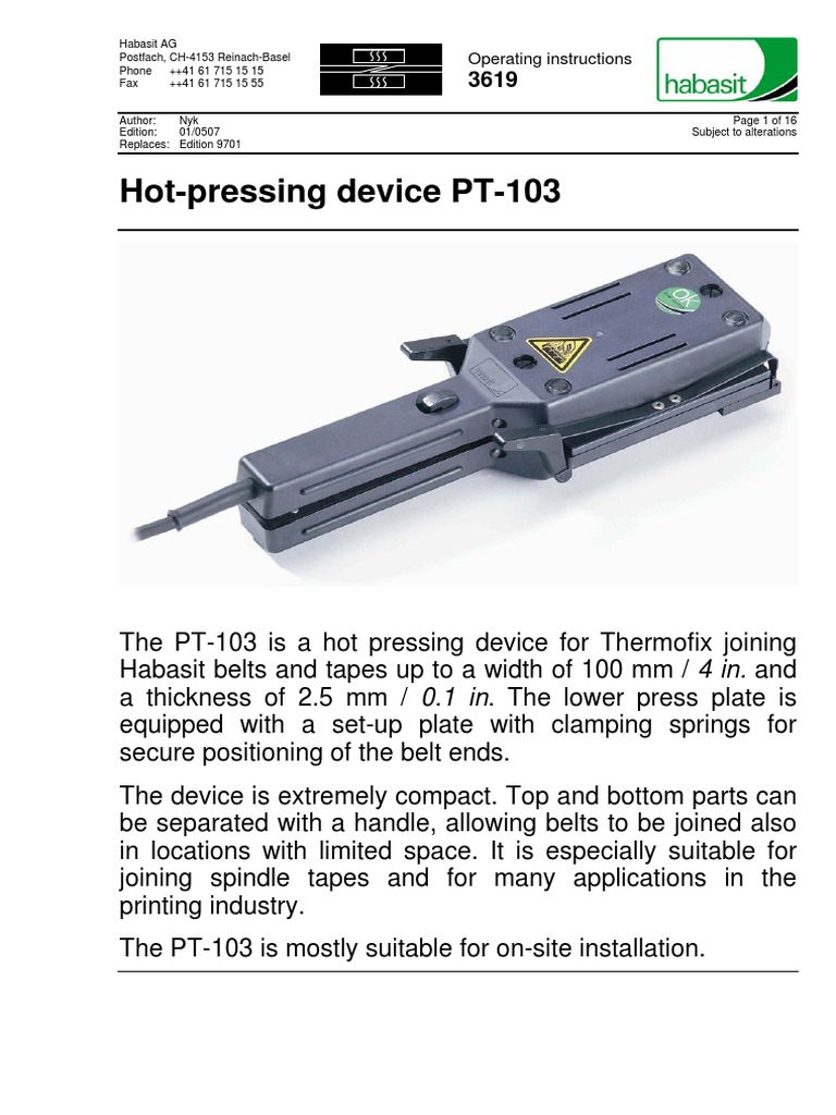 Hot-Pressing Device PT-103: Operating Instructions | PDF | Electrical ...