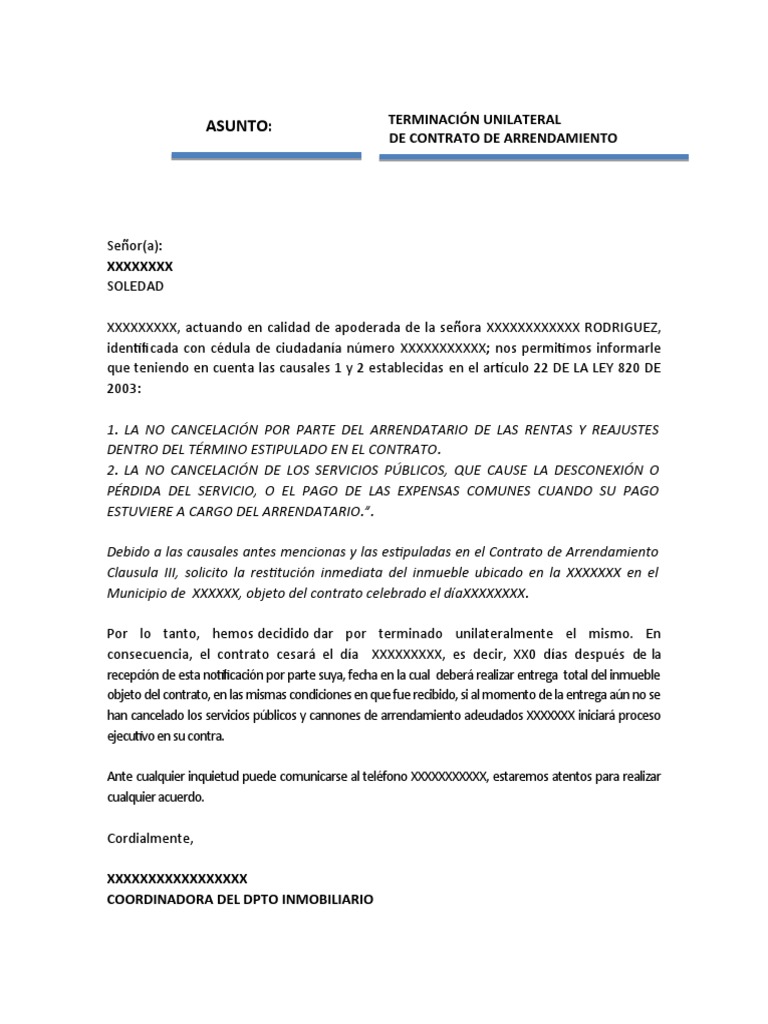 Modelo Carta Terminacion Unilateral de Contrato de Arrendamiento | PDF