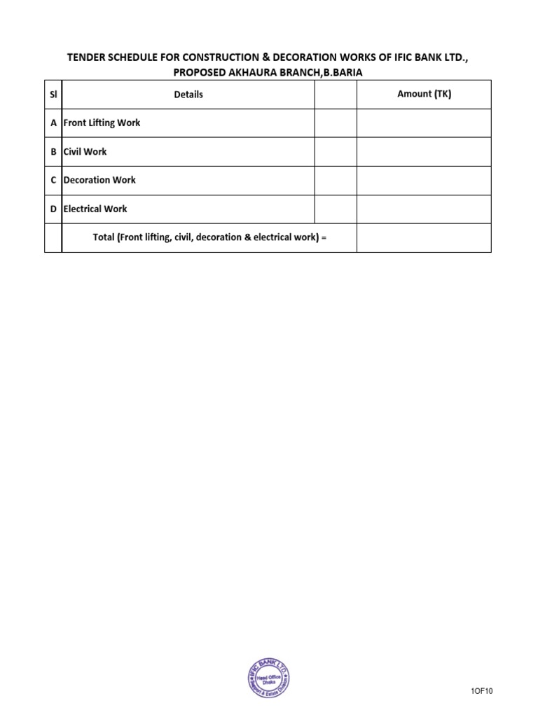 Tender Schedule For Construction and Decoration Work of Proposed ...