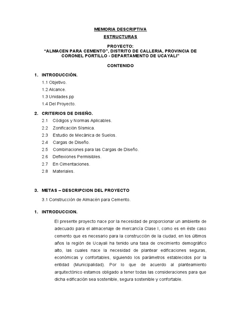 Memoria Descriptiva de Estructuras Almacen | PDF | Fundación (Ingeniería) | Hormigón