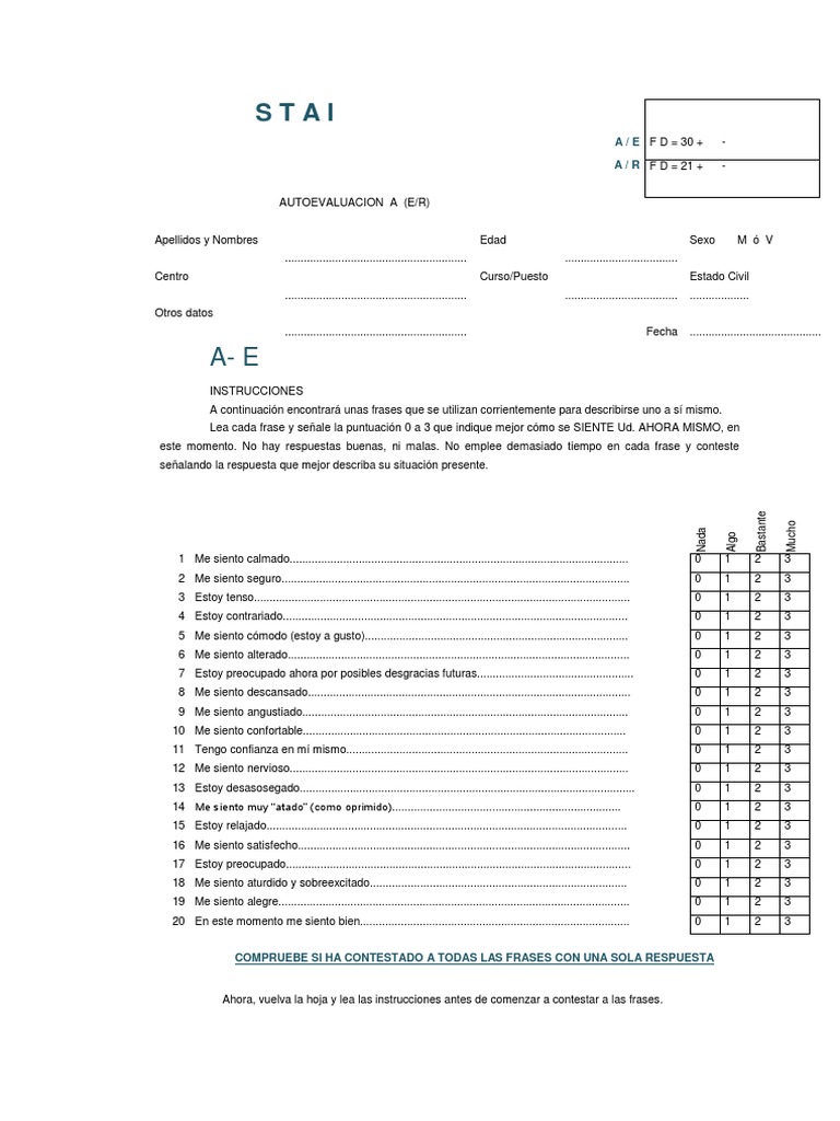 Test STAI de Ansiedad de Estado y Rasgo - Autoevaluacion | PDF