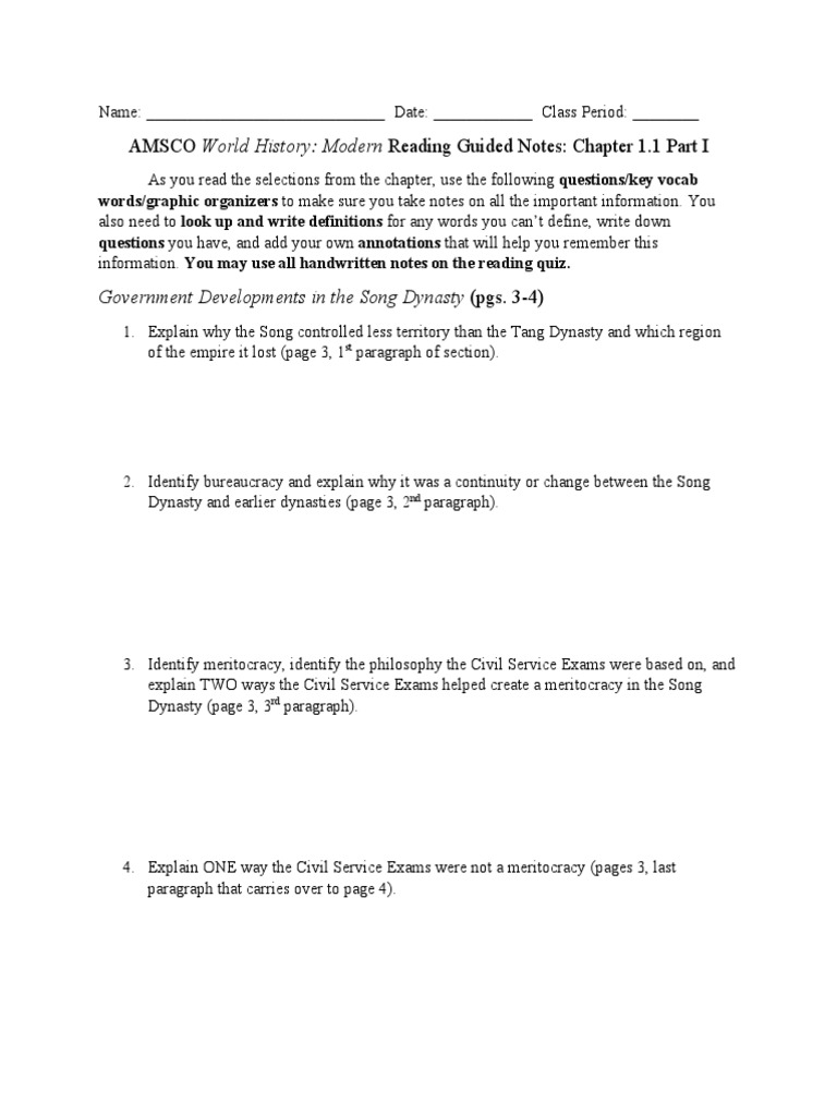 AMSCO World History: Modern Reading Guided Notes: Chapter 1.1 Part I ...