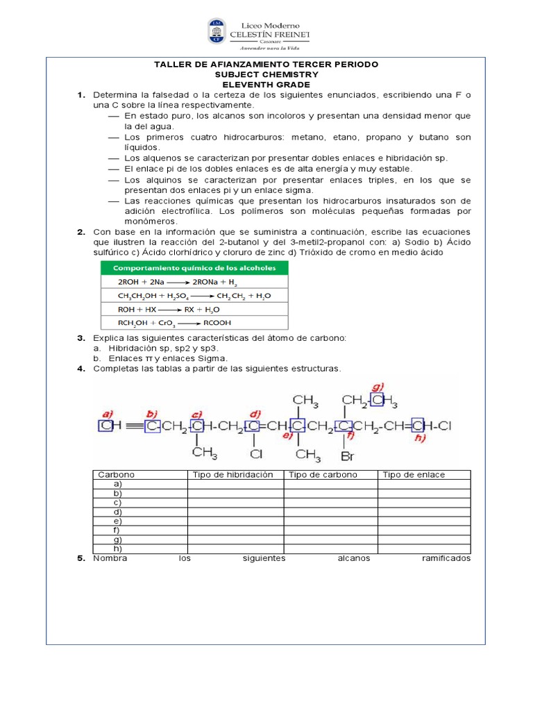 Taller de Química para 11° Grado | PDF | Alcano | Hidrocarburos