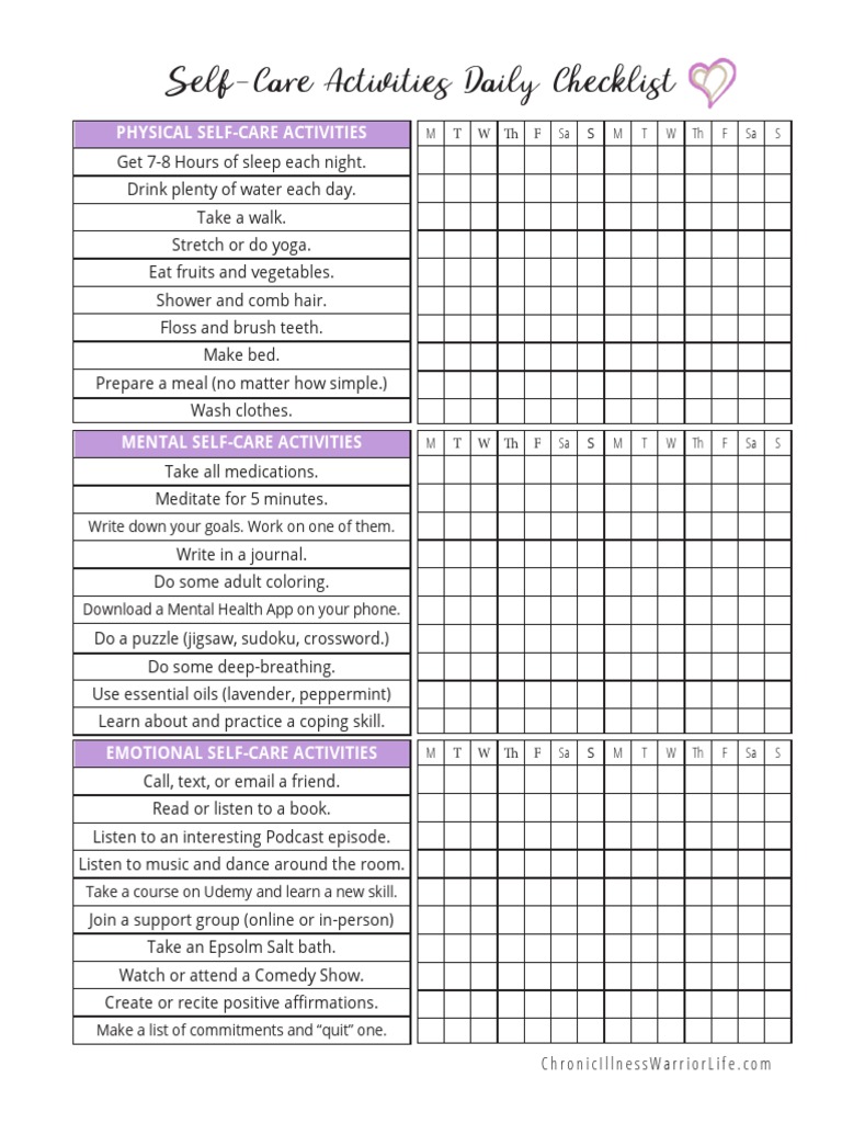 Self-Care Activities Daily Checklist | PDF | Self-Improvement
