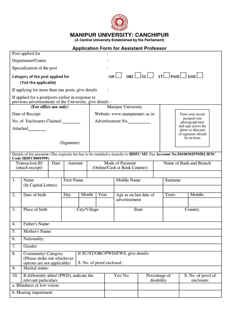 Manipur University: Canchipur: Application Form For Assistant Professor ...