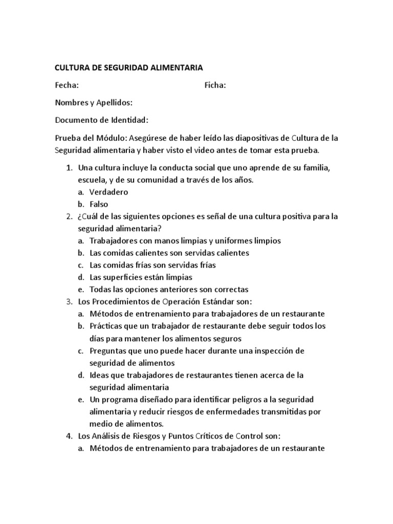 Cuestionario Cultura de Seguridad Alimentaria | PDF | Ciencia y matemáticas | Estilo de vida