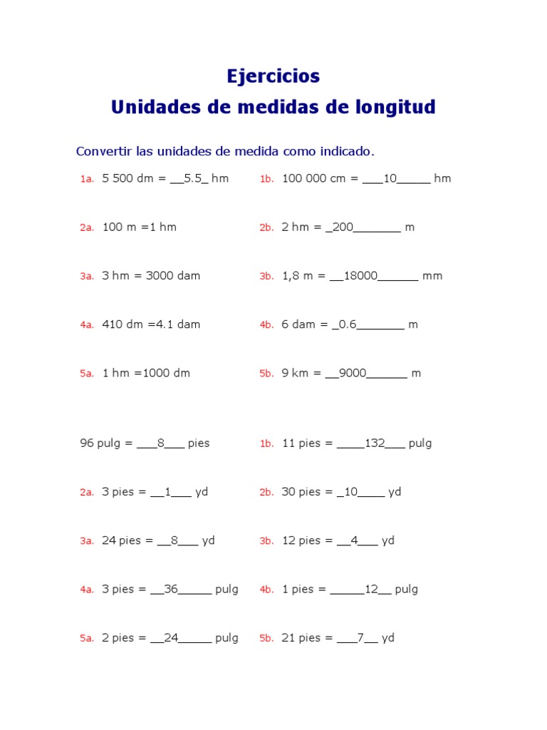 Ejercicios de Conversion Medidas de Longitud | PDF | Métodos y ...
