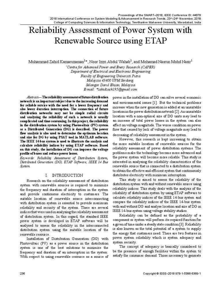 Reliability Assessment of Power System With Renewable Source Using ETAP ...