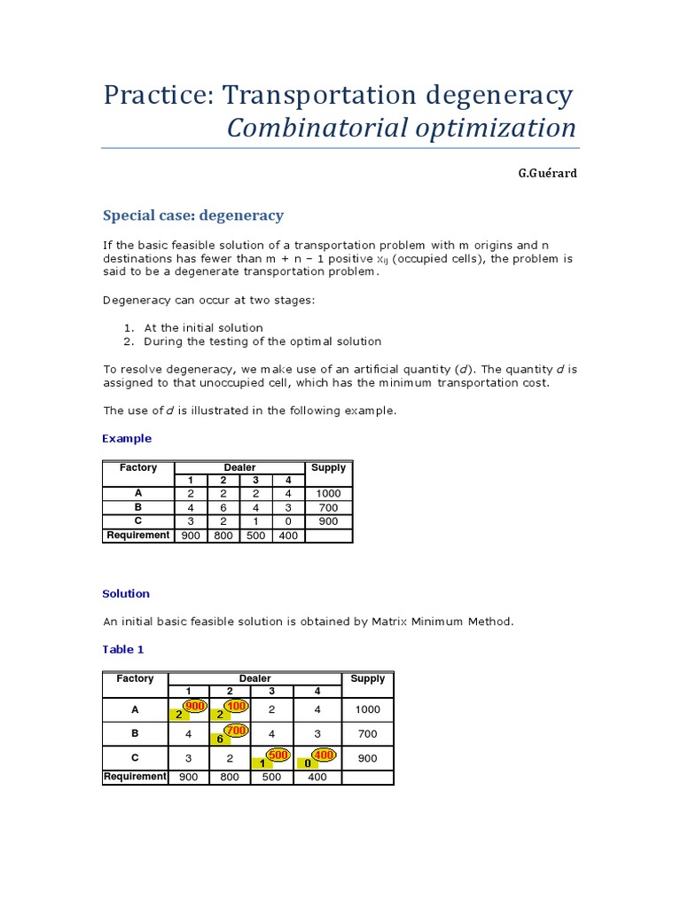 Practice: Transportation Degeneracy: Combinatorial Optimization | PDF ...