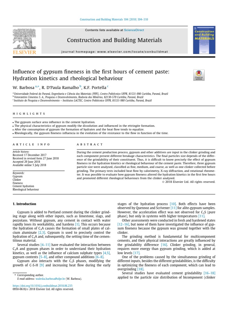 Influence of Gypsum Fineness in The First Hours of Cement Paste ...