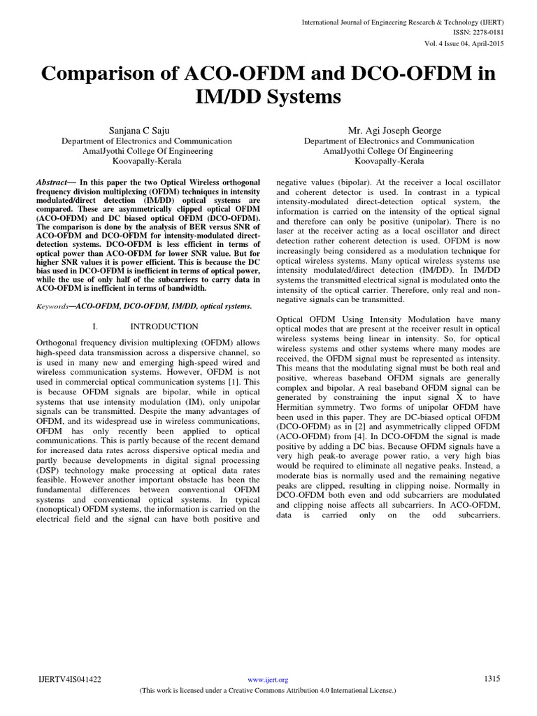 Comparison of ACO-OFDM and DCO-OFDM in IM/DD Systems: Sanjana C Saju Mr ...