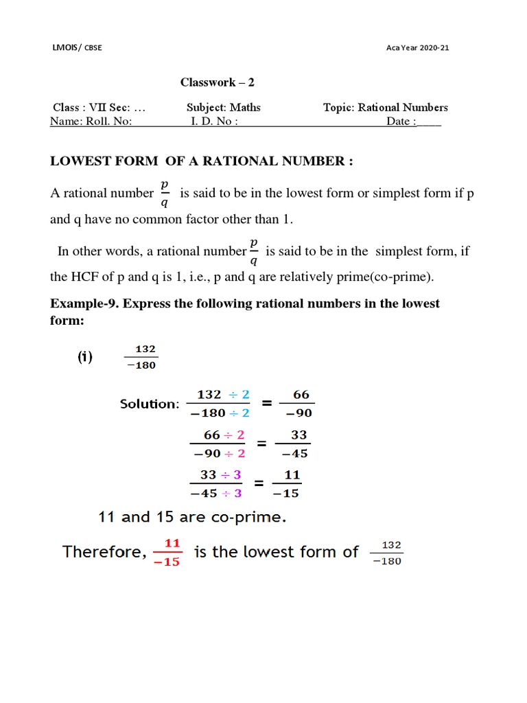 Grade 7 Math RATIONAL NUMBERS - Classwork 2 | PDF | Fraction ...