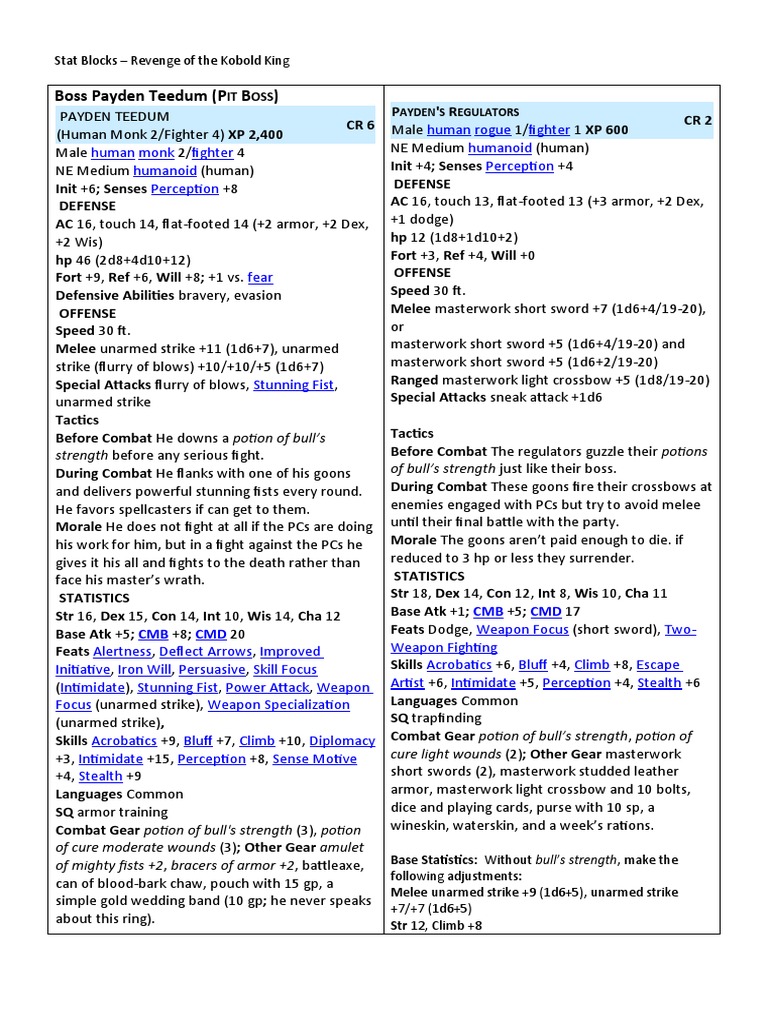 Stat Blocks for Kobold King Encounter | PDF | Nature | Leisure