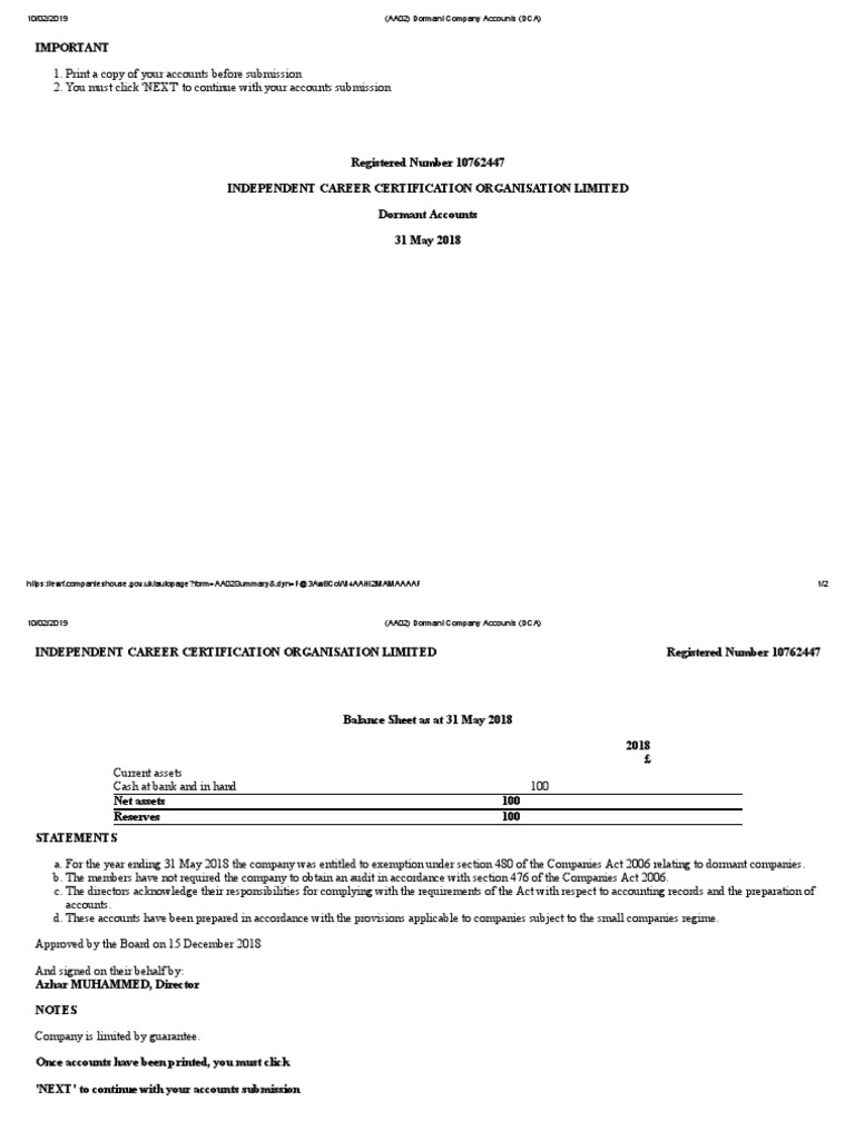 (AA02) Dormant Company Accounts (DCA) ICCOL | PDF | Balance Sheet ...