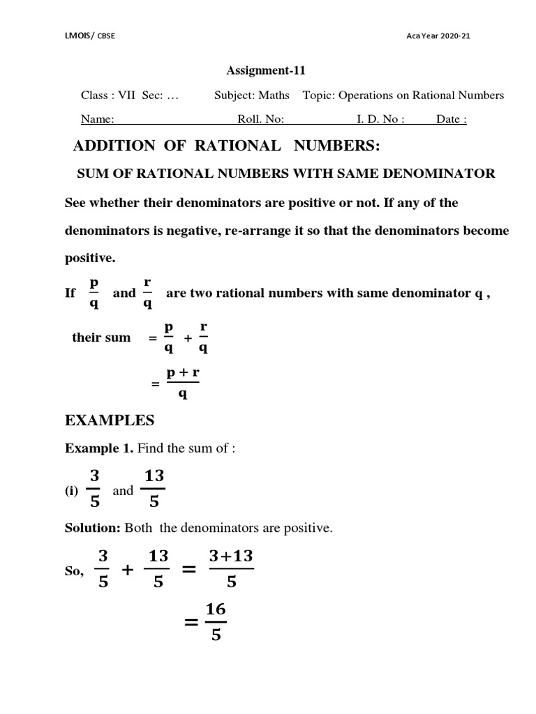 Grade 7 Math Assignment - 11 - Operations On Rational Numbers PDF | PDF ...