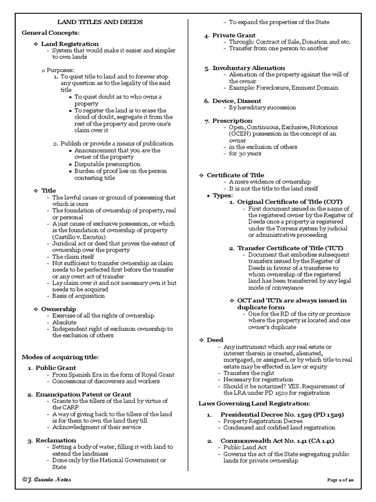 Land Titles and Deeds Notes | PDF | Title (Property) | Deed
