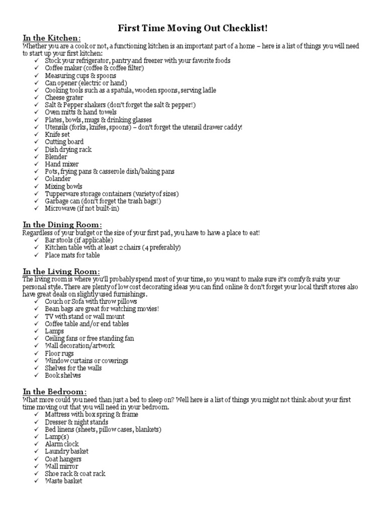 First Time Moving Out Checklist | PDF | Kitchen Utensil | Tableware