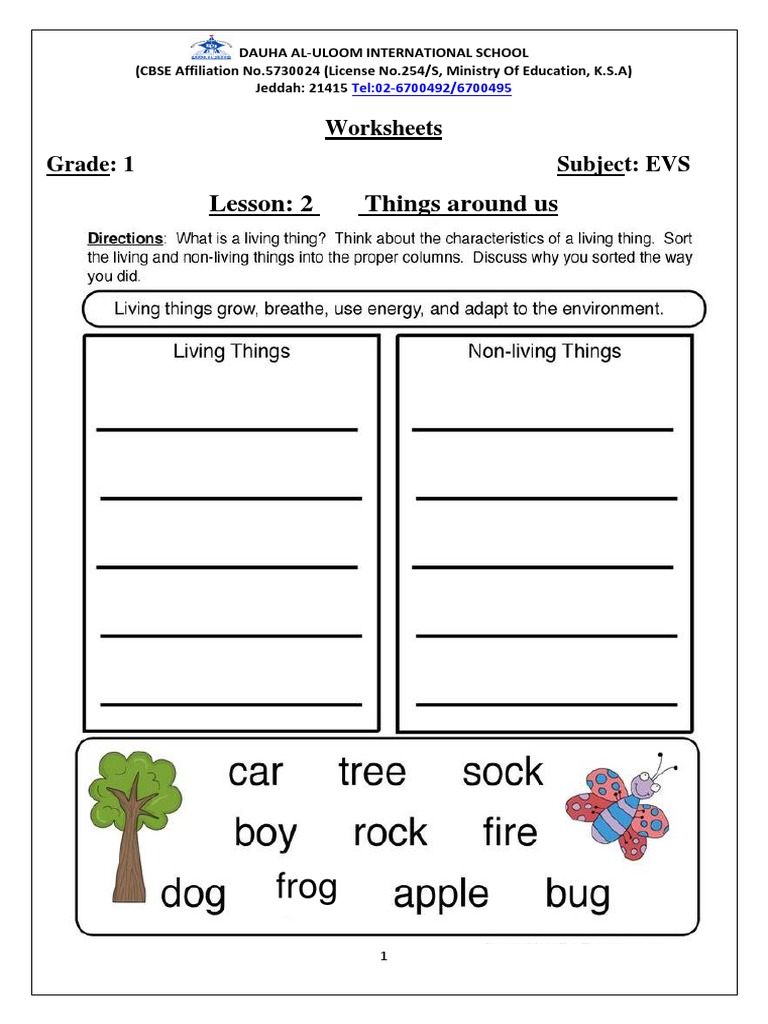 Lesson: 2 Things Around Us: Worksheets Grade: 1 Subject: EVS | PDF