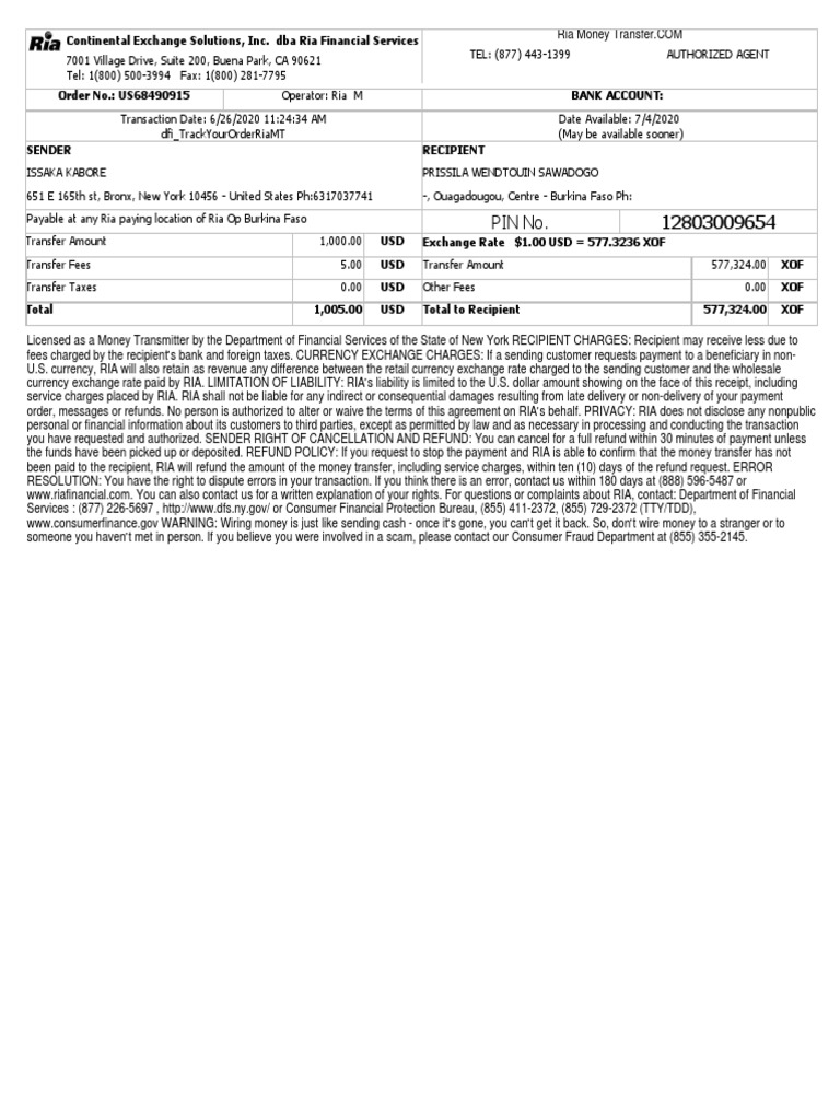 Pin No.: Continental Exchange Solutions, Inc. Dba Ria Financial ...