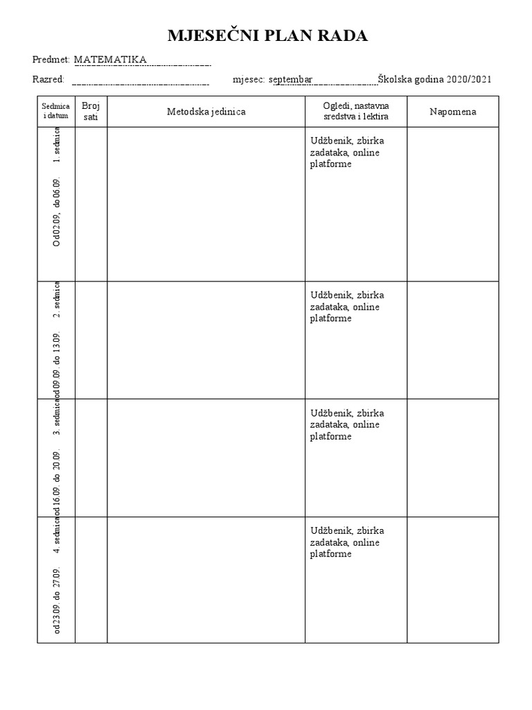 Mjesecni Plan Rada Obrazac | PDF