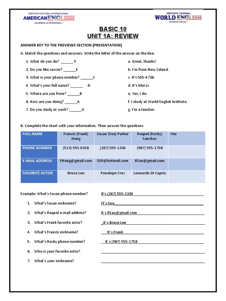 Basic 10 Unit 1A: Review: Answer Key To The Previews Section ...