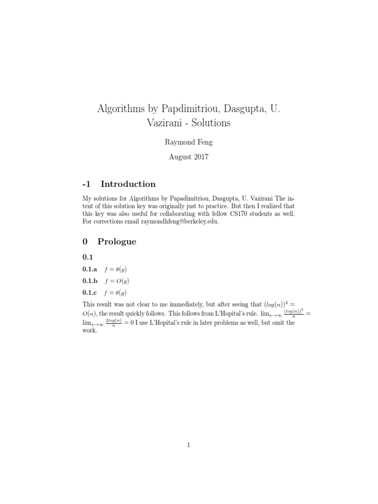 Algorithms by Papdimitriou, Dasgupta, U. Vazirani - Solutions | PDF | Matrix (Mathematics ...