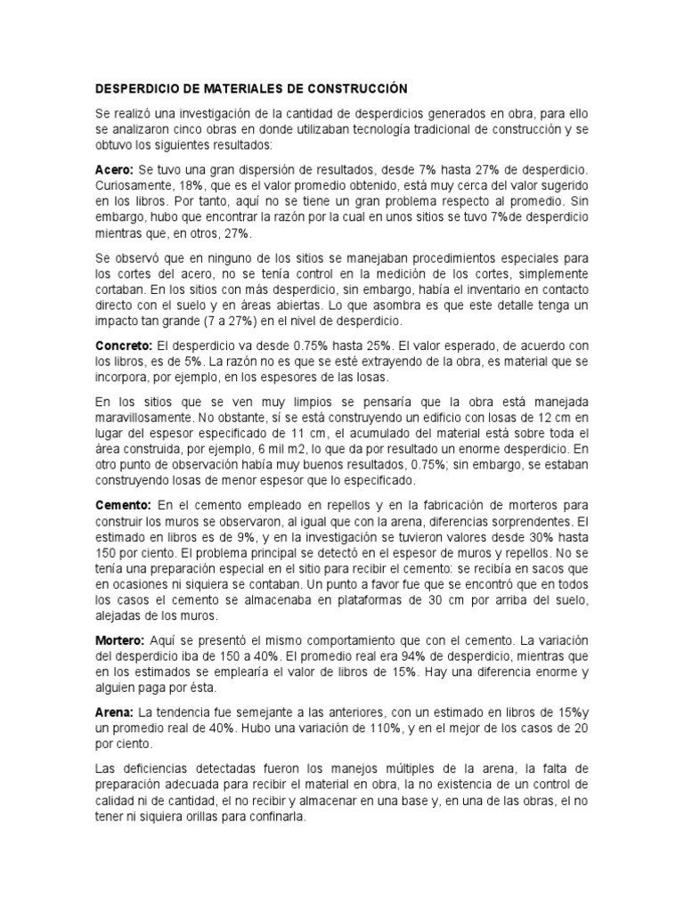 Desperdicio de Materiales de Construcción | PDF | Cemento | Naturaleza