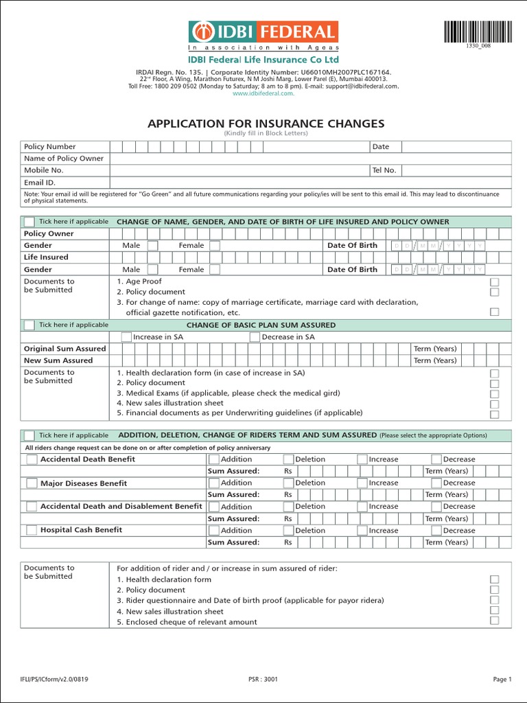 Application For Insurance Changes | PDF | Life Insurance | Insurance