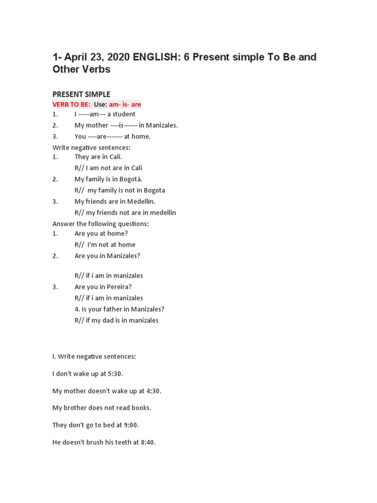 1 April 23 2020 ENGLISH 6 Present Simple To Be and Other Verbs | PDF