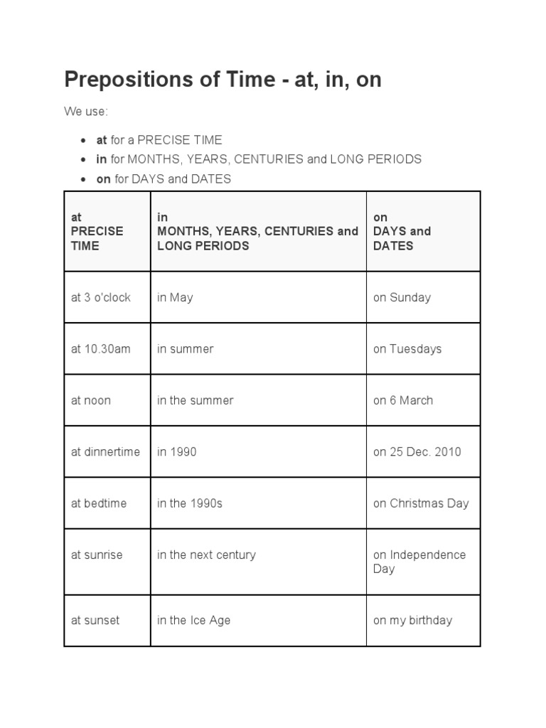 Prepositions of Time - At, In, On | PDF