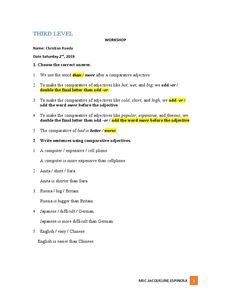 Third Level: 1. Choose The Correct Answer | PDF | Classroom | Grammar