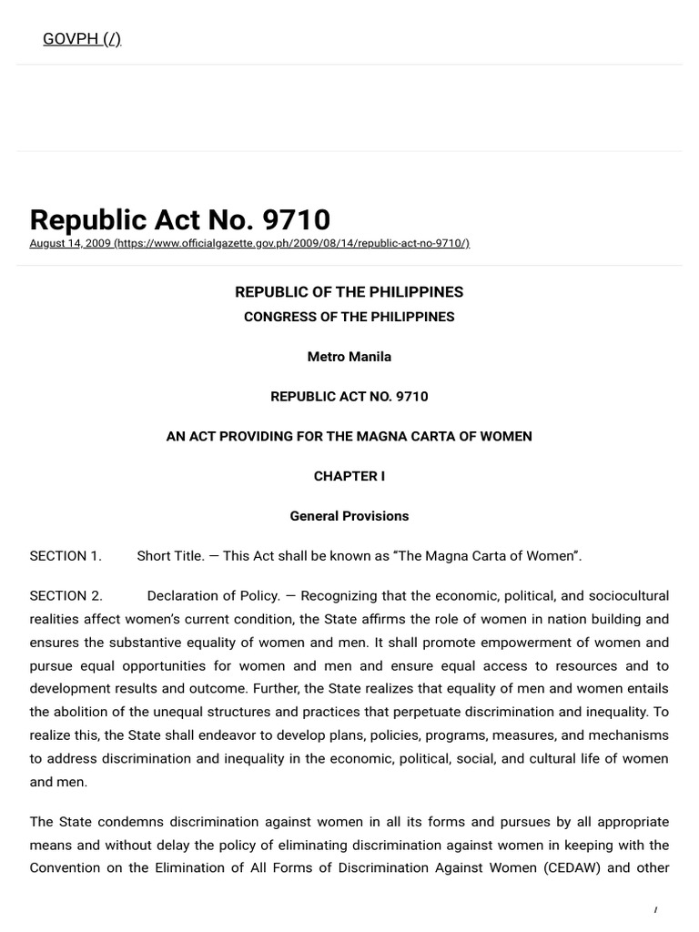 Magna Carta of Women: RA 9710 Overview | PDF | Gender Equality | Gender ...