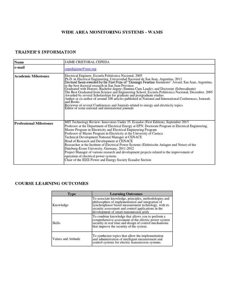 Wide Area Monitoring Systems - Wams: Name E-Mail Academic Milestones | PDF | Engineering ...