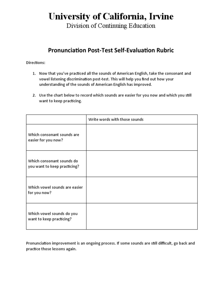 IFXxQqMKRyCV8UKjClcgow - Post Test Self Evaluation Handout | PDF