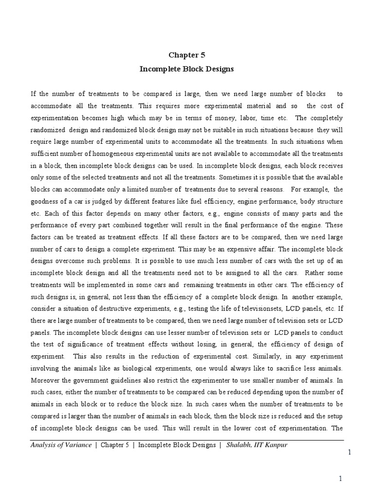 Analysis of Variance - Chapter 5 - Incomplete Block Designs - Shalabh, IIT Kanpur | PDF ...