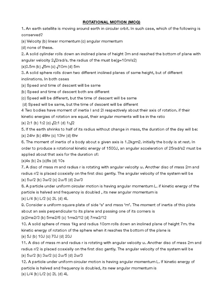 11 Rot Motion MCQ PDF | PDF | Rotation Around A Fixed Axis | Angular Momentum