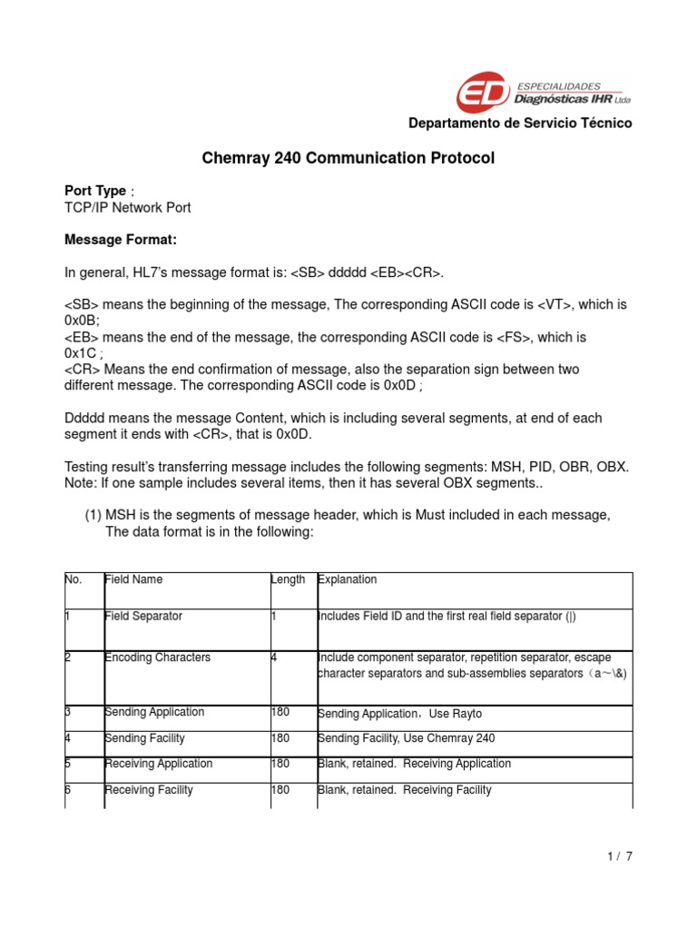 Chemray 240&120 Communication Protocol (HL7) | PDF | Character Encoding | Data Transmission
