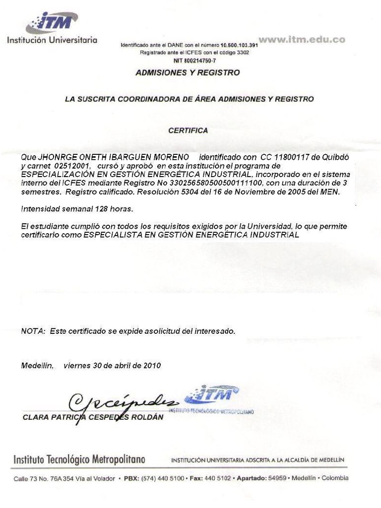 Certificado ITM PDF | PDF