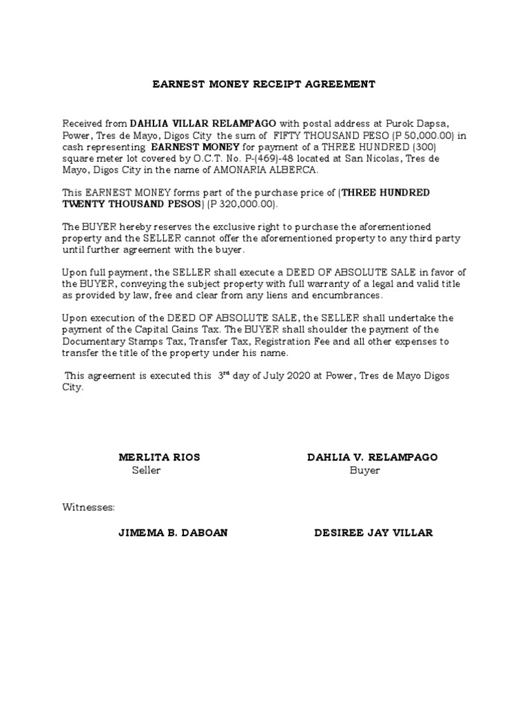 Receipt for Earnest Money Deposit on the Purchase of a 300 Square Meter ...