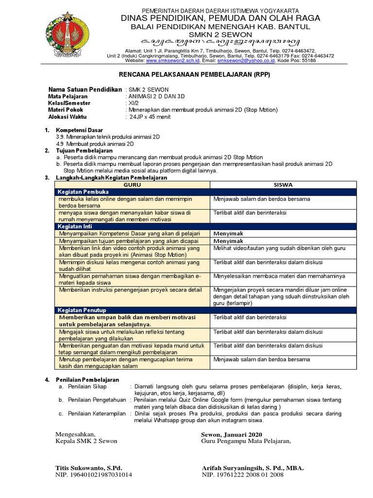 RPP Daring Teknik Animasi 2D 3D PDF | PDF