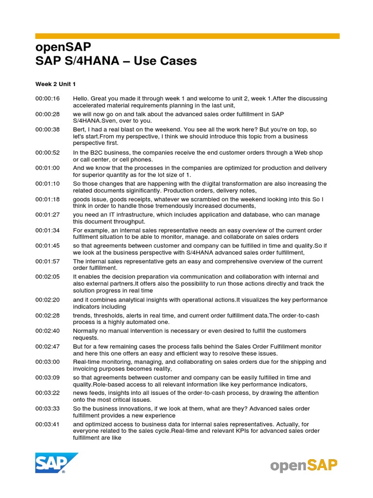 Opensap Sap S/4Hana - Use Cases: Week 2 Unit 1 | PDF | Real Time ...