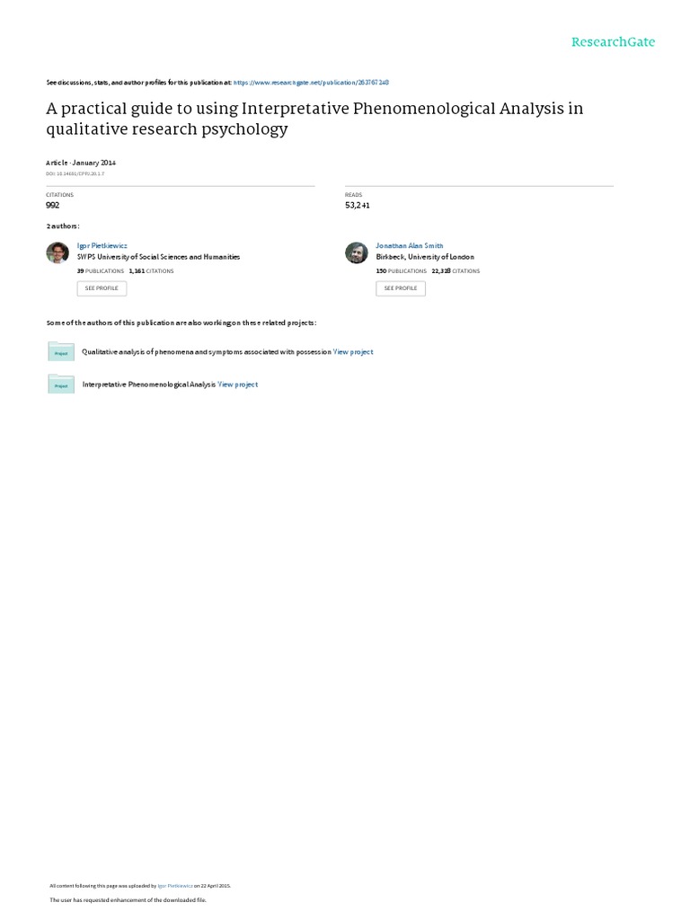 A Practical Guide To Using Interpretative Phenomenological Analysis in Qualitative Research ...